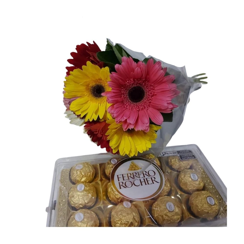 Buquê Tradicional de 06 Gerberas Coloridas e Ferrero Rocher ...